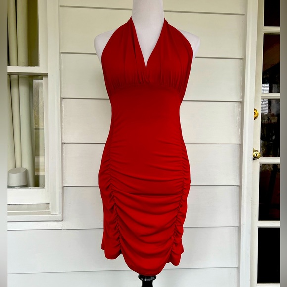 Dresses | Red Halter Dress With Slight Sparkle Stretchy | Poshmark